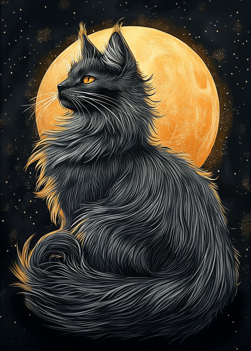 'Maine Coon Cat Under Full Moon' Poster, picture, metal print, paint by ...