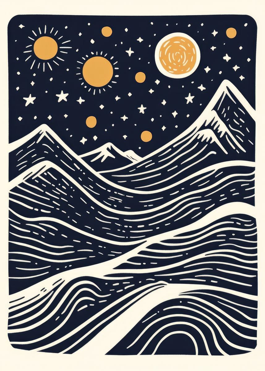 'Mountain Night Sky Line Art' Poster, picture, metal print, paint by ...