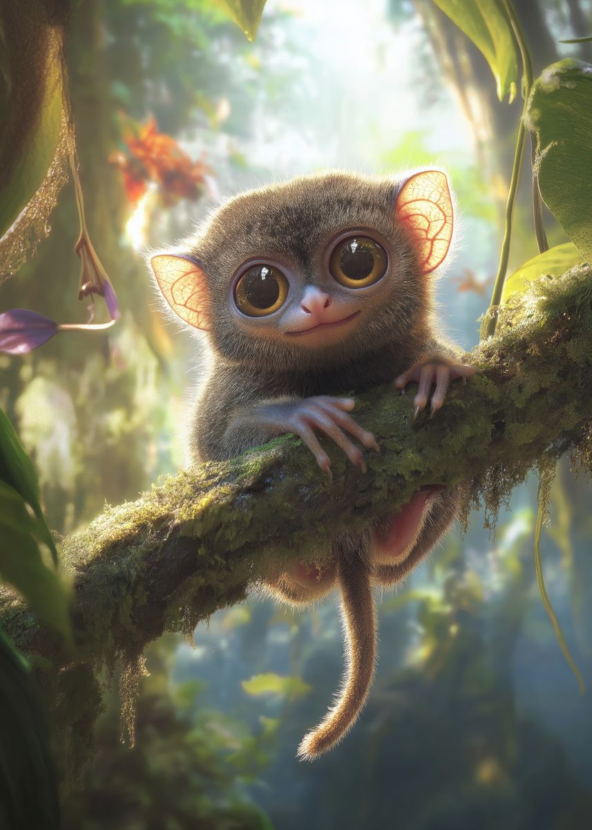 'Cute Tarsier on Branch' Poster, picture, metal print, paint by Rawbin ...