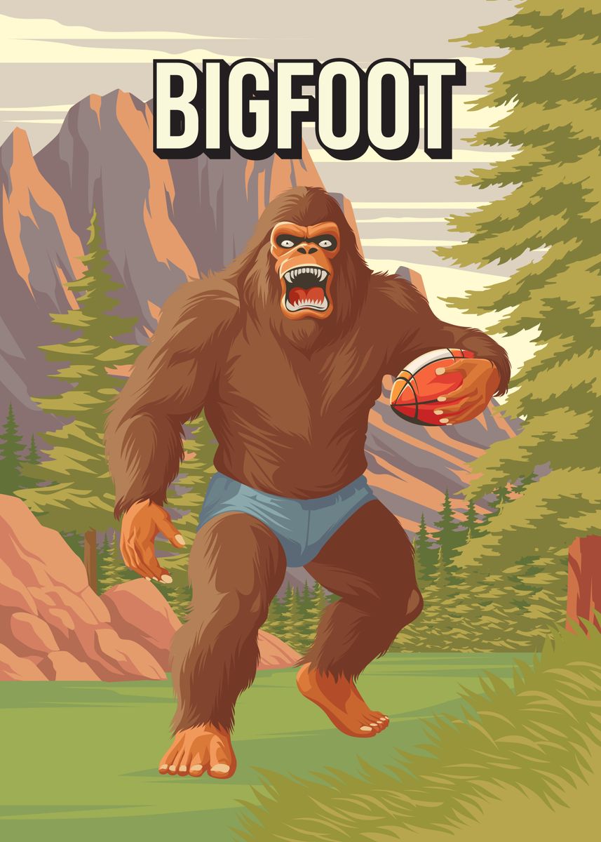 'Bigfoot Cryptid Playing Football' Poster, picture, metal print, paint ...