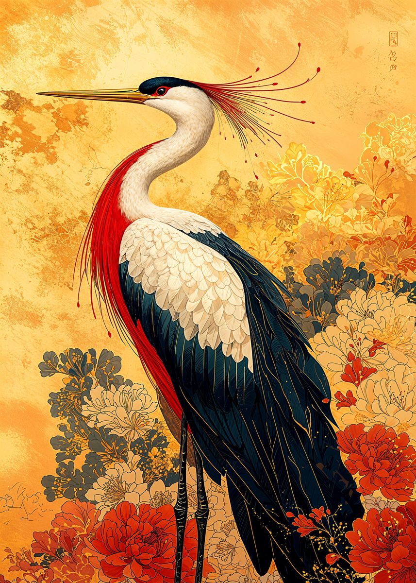 'Red-Crested Crane' Poster, picture, metal print, paint by SuperNova ...
