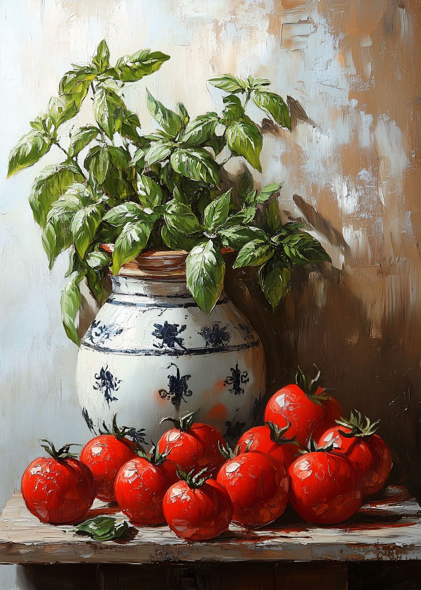 'Still Life with Tomatoes and Basil' Poster, picture, metal print ...