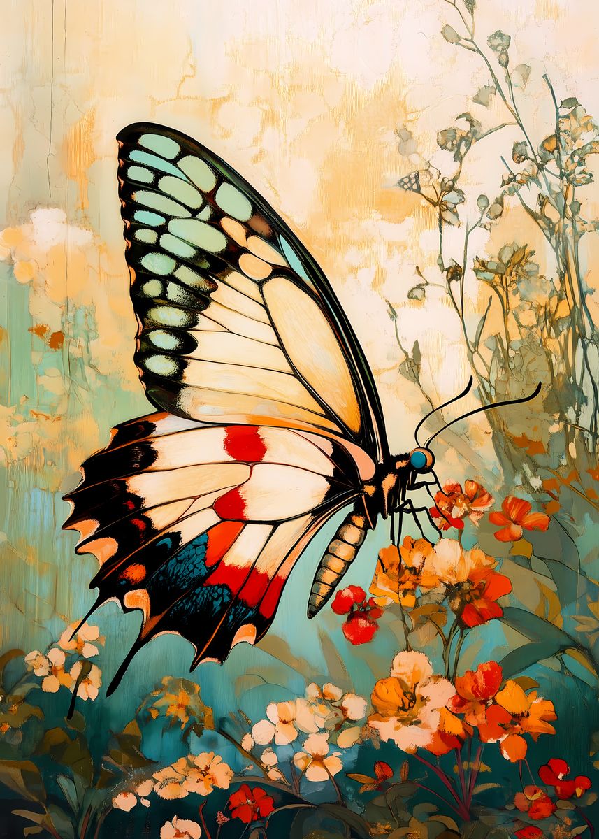 'Butterfly on Flowers' Poster, picture, metal print, paint by PrintiSky ...