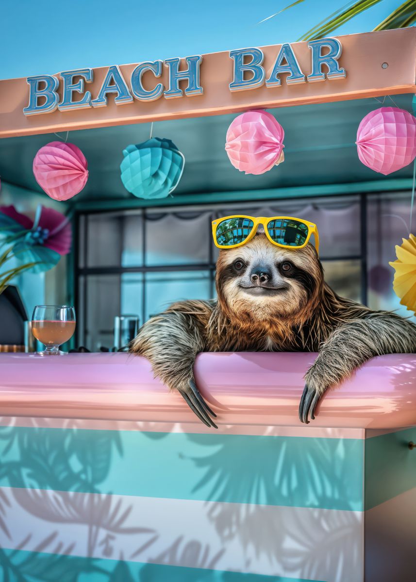 'Sloth relaxing at the Beach Bar, funny animal, summer mood' Poster ...