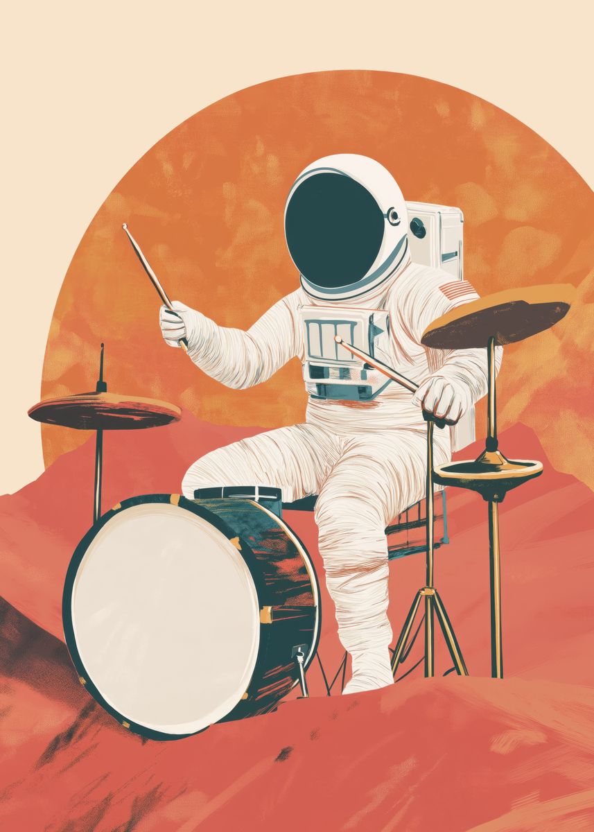 'Astronaut Drums Music Mid Century' Poster, picture, metal print, paint ...