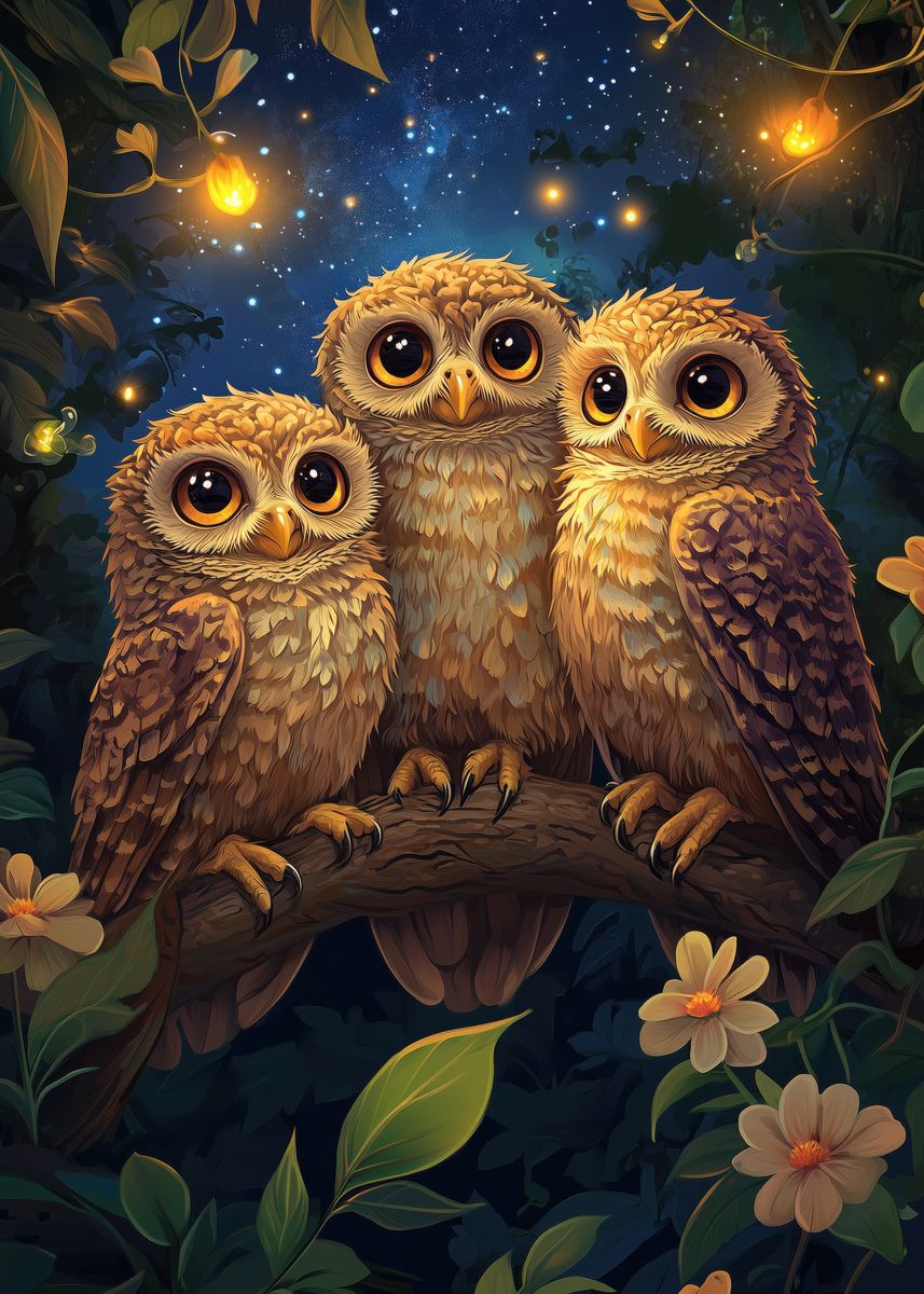 'Three Owls in the Night' Poster, picture, metal print, paint by Design ...