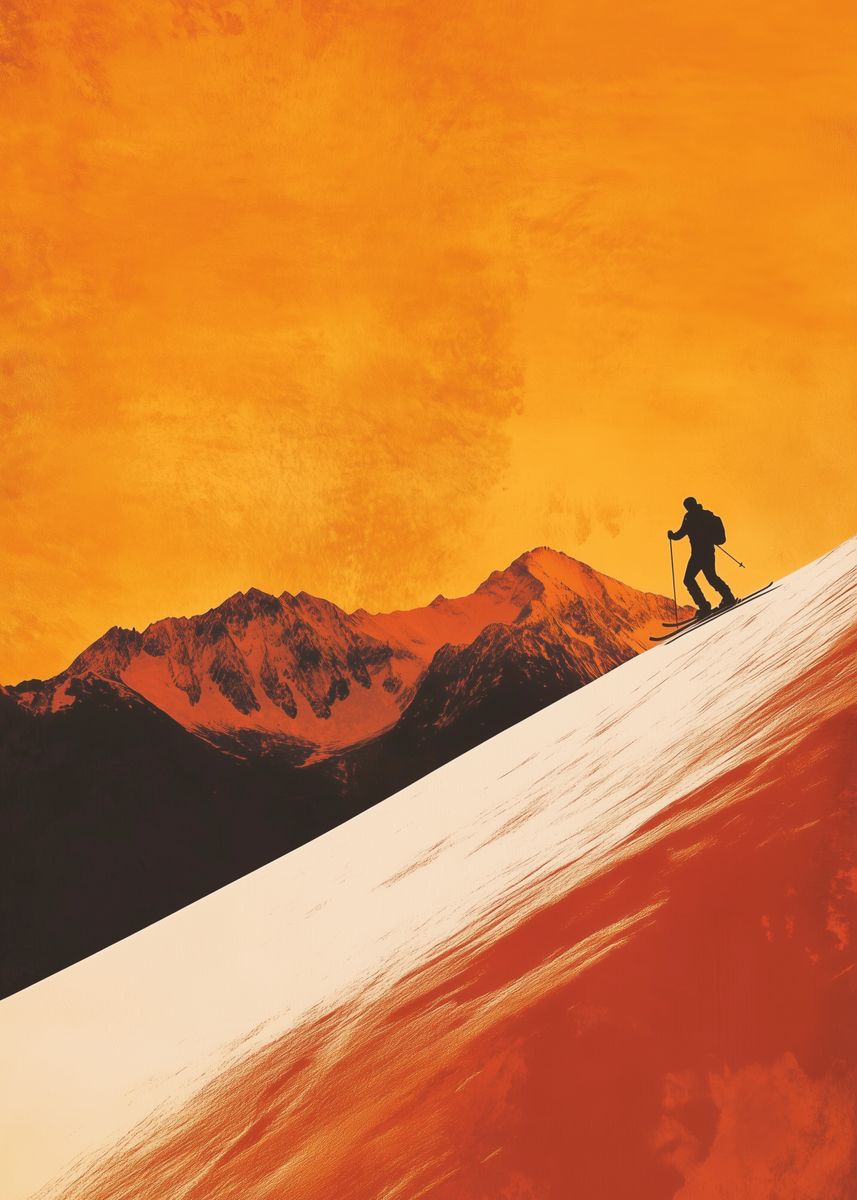 'Silhouette Skier Sunset' Poster, picture, metal print, paint by ...