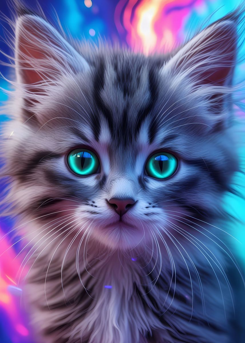 'Cute Kitten with Neon Lights' Poster, picture, metal print, paint by ...