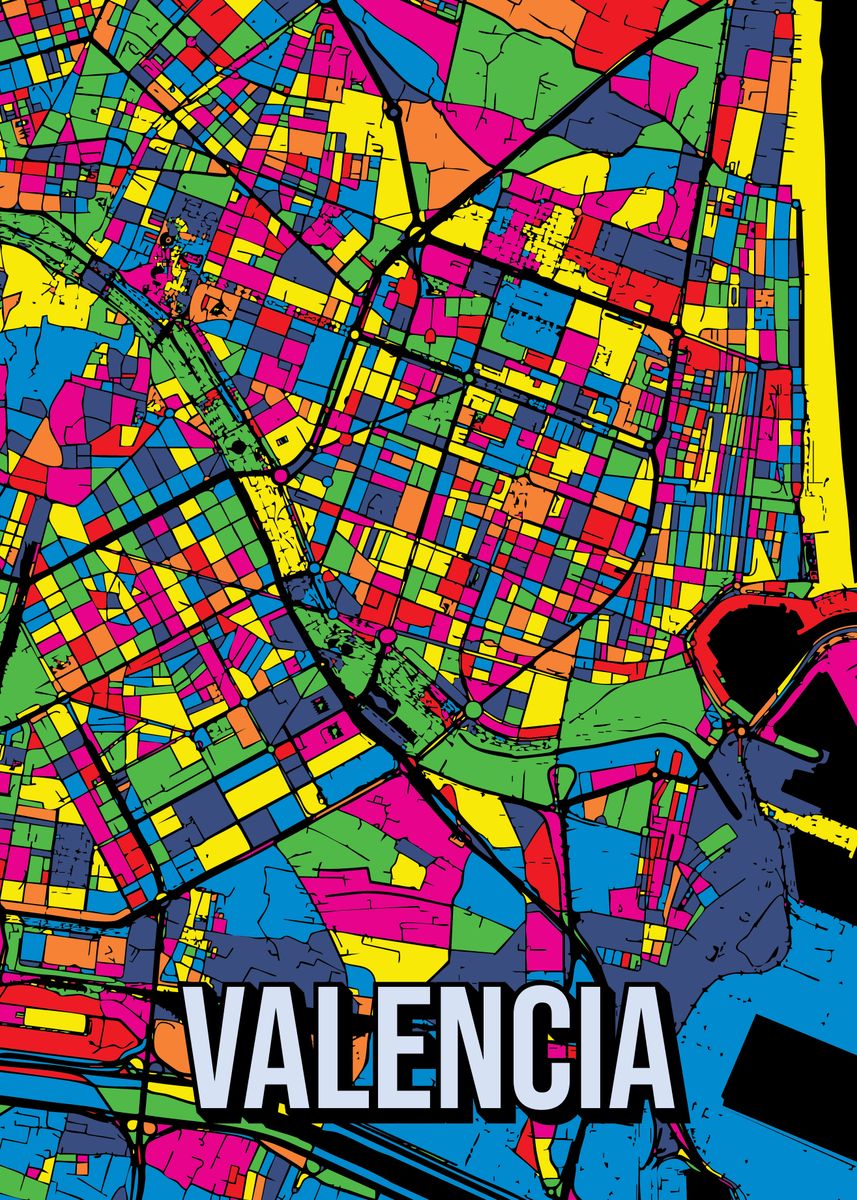 'Valencia City Map Pop Art' Poster, picture, metal print, paint by Jorn ...