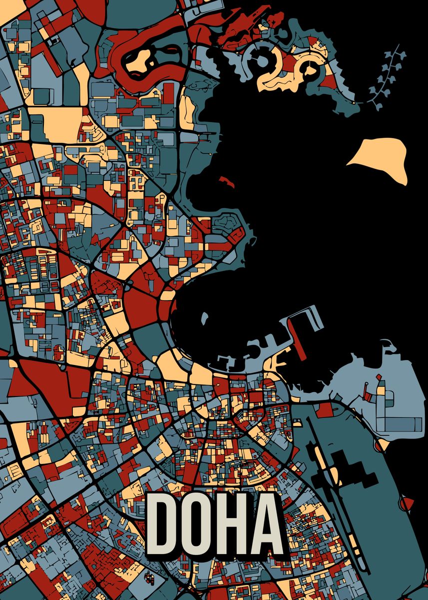 'Doha Qatar City Map Travel Poster' Poster, picture, metal print, paint ...