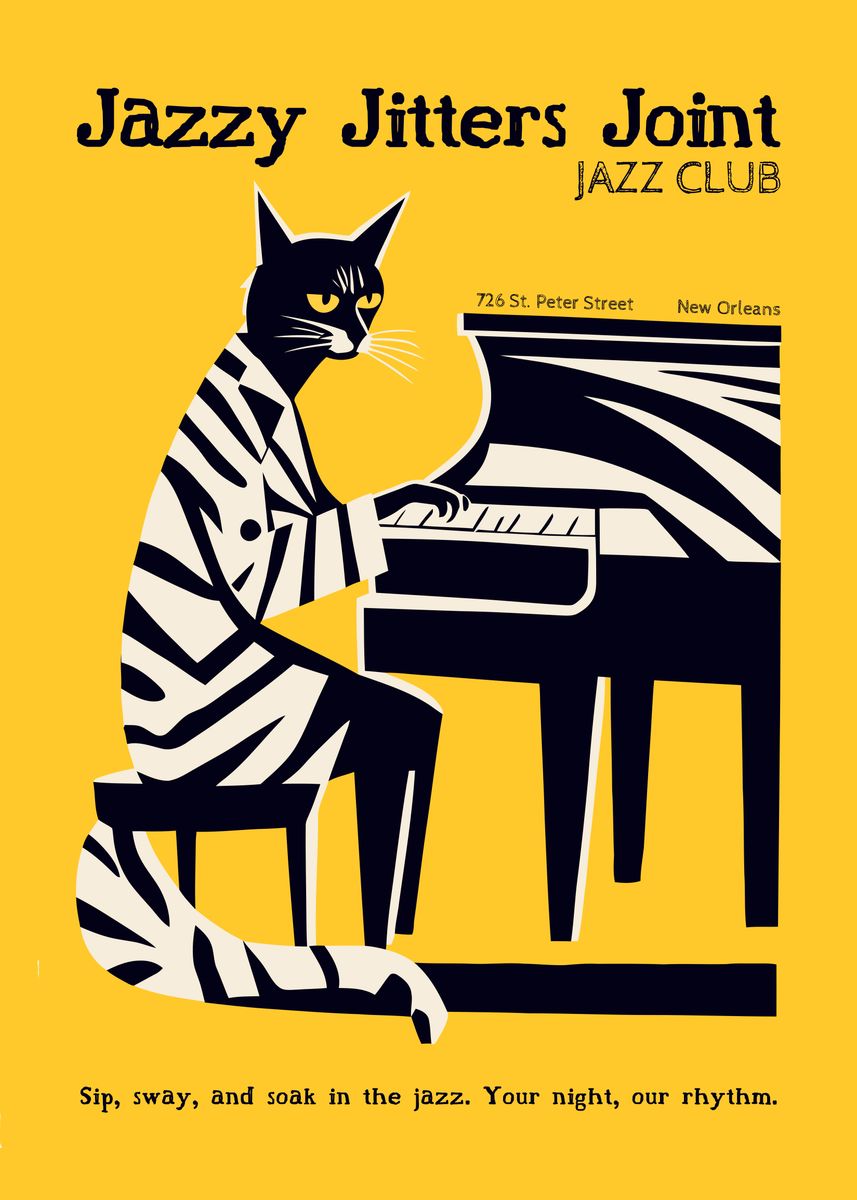 'Jazz Club Cat Retro Poster' Poster, picture, metal print, paint by BluePinkPanther | Displate