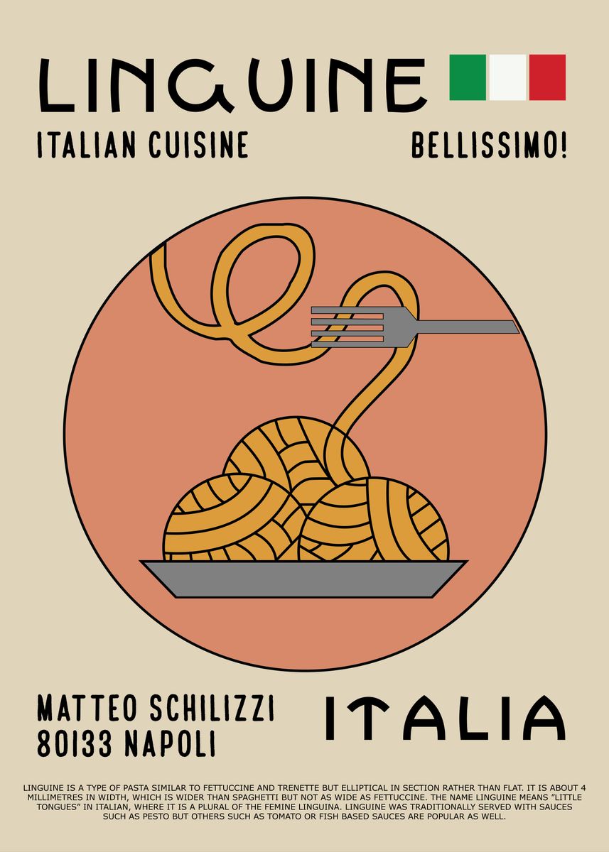 'Linguine Italian Cuisine Poster' Poster, picture, metal print, paint ...