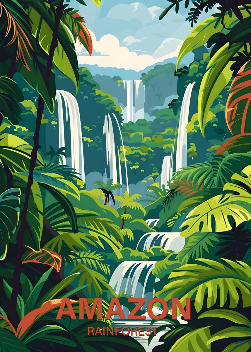 'Amazon Rainforest Waterfall' Poster, picture, metal print, paint by ...