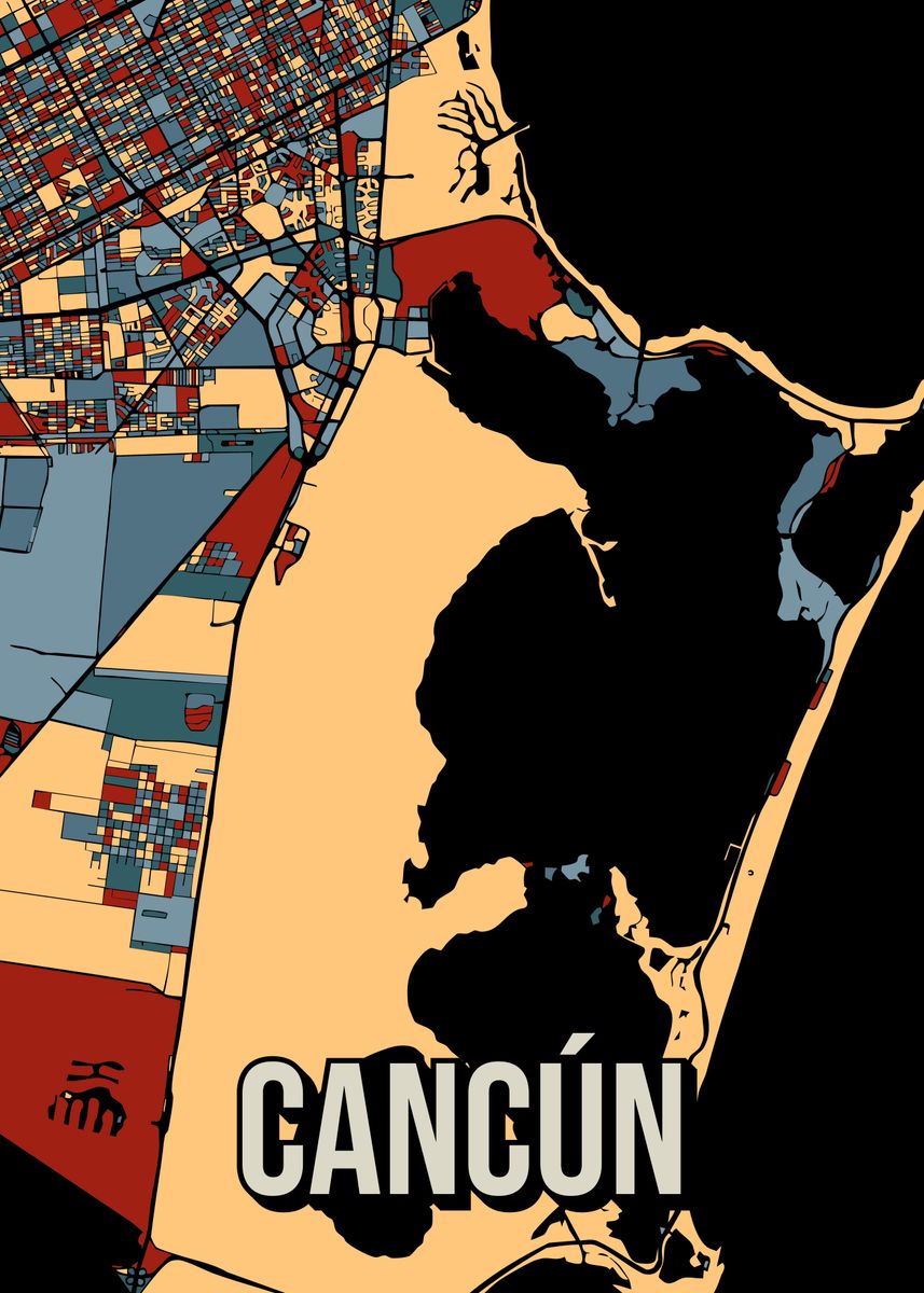 'Cancun City Map' Poster, picture, metal print, paint by Jorn | Displate