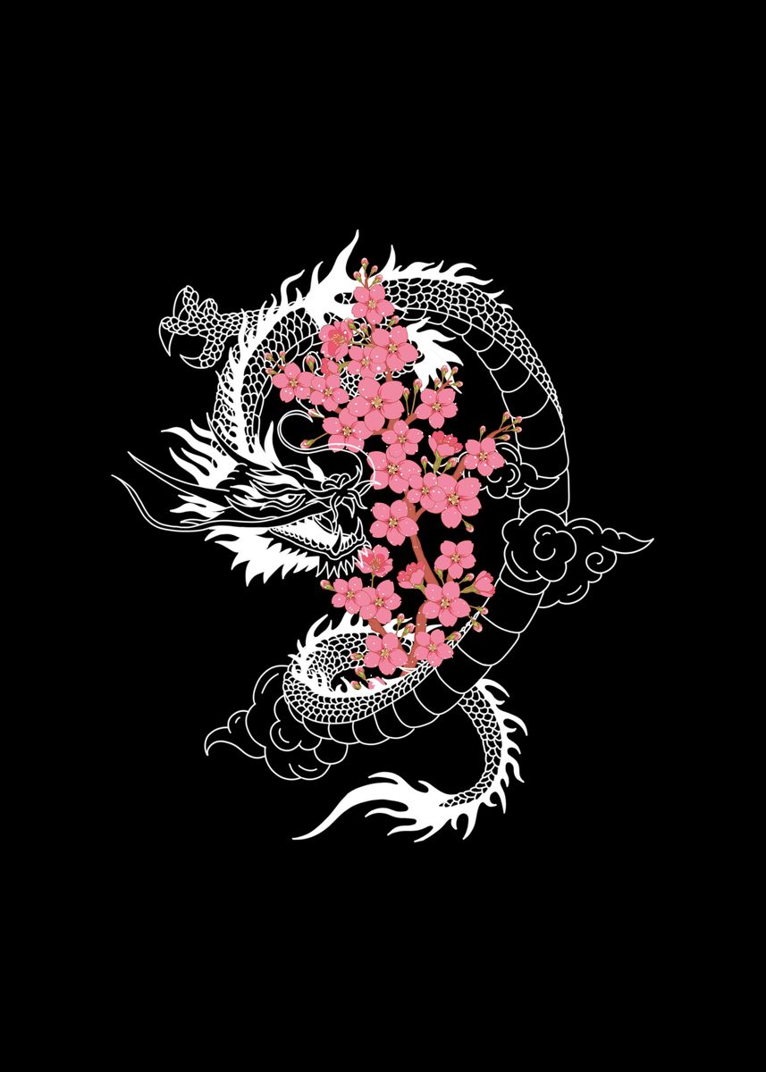 'Japanese Dragon with Cherry Blossom Tree Branch Sakura Tree' Poster ...