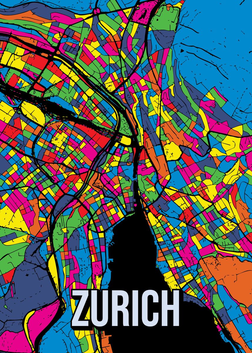 'Zurich City Map Pop Art' Poster, picture, metal print, paint by Jorn ...