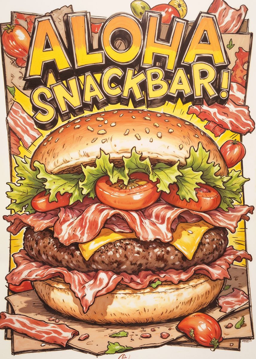 'Aloha Snack Bar Burger' Poster, picture, metal print, paint by ...