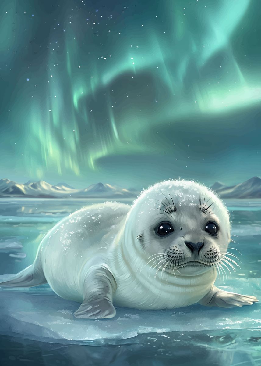 'Seal Pup Under Aurora Borealis' Poster, picture, metal print, paint by ...