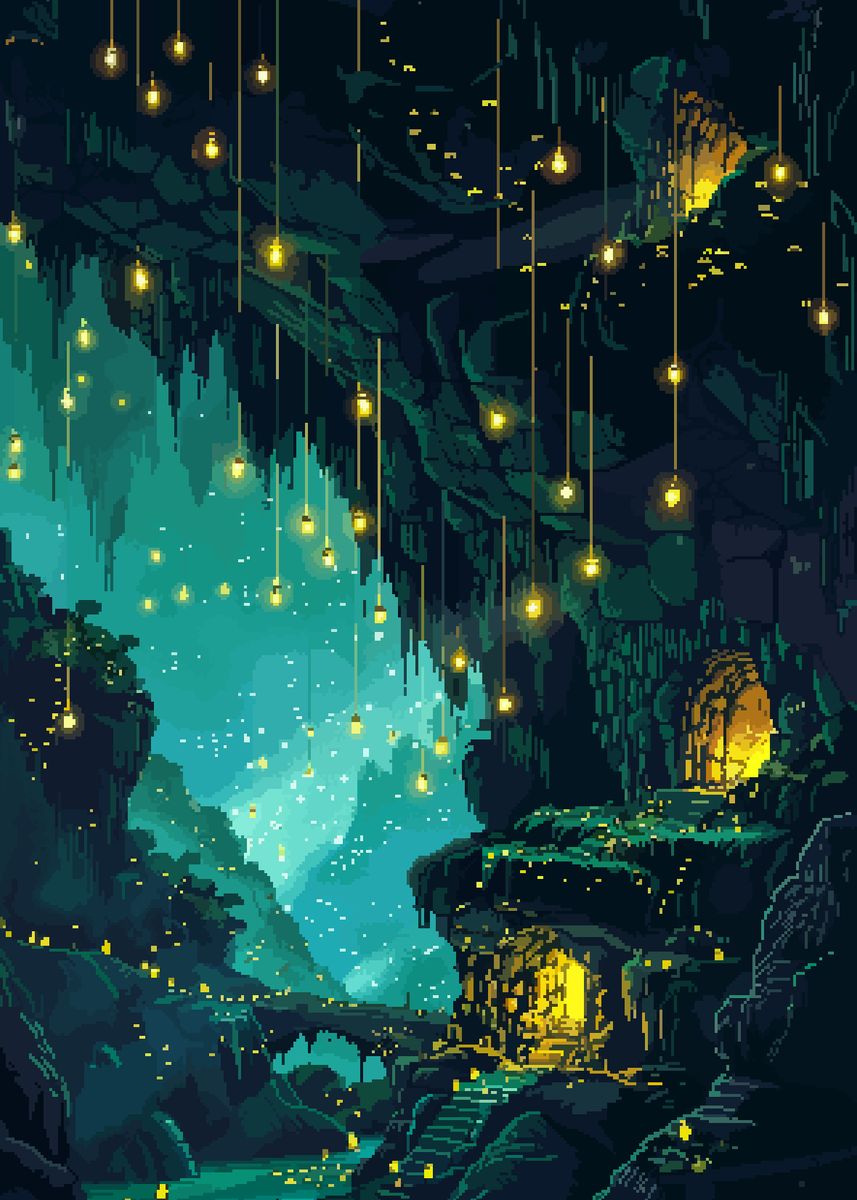 'Retro Fantasy Cave Lights Pixel Art' Poster, picture, metal print ...