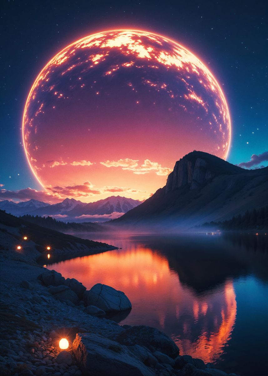 'Celestial Twilight Over Serene Waters' Poster, picture, metal print, paint by FlyingBlade ...