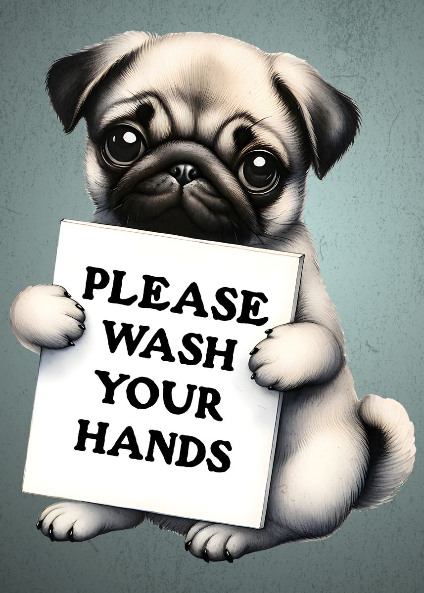 'Wash Your Hands Pug' Poster, picture, metal print, paint by Jovana ...