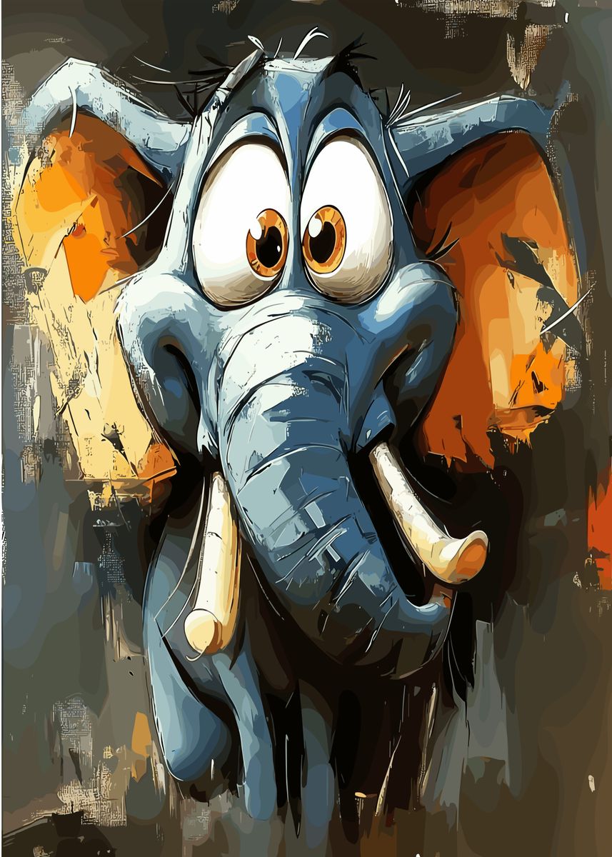 'Surprised Elephant Cartoon oil Painting ' Poster, picture, metal print ...
