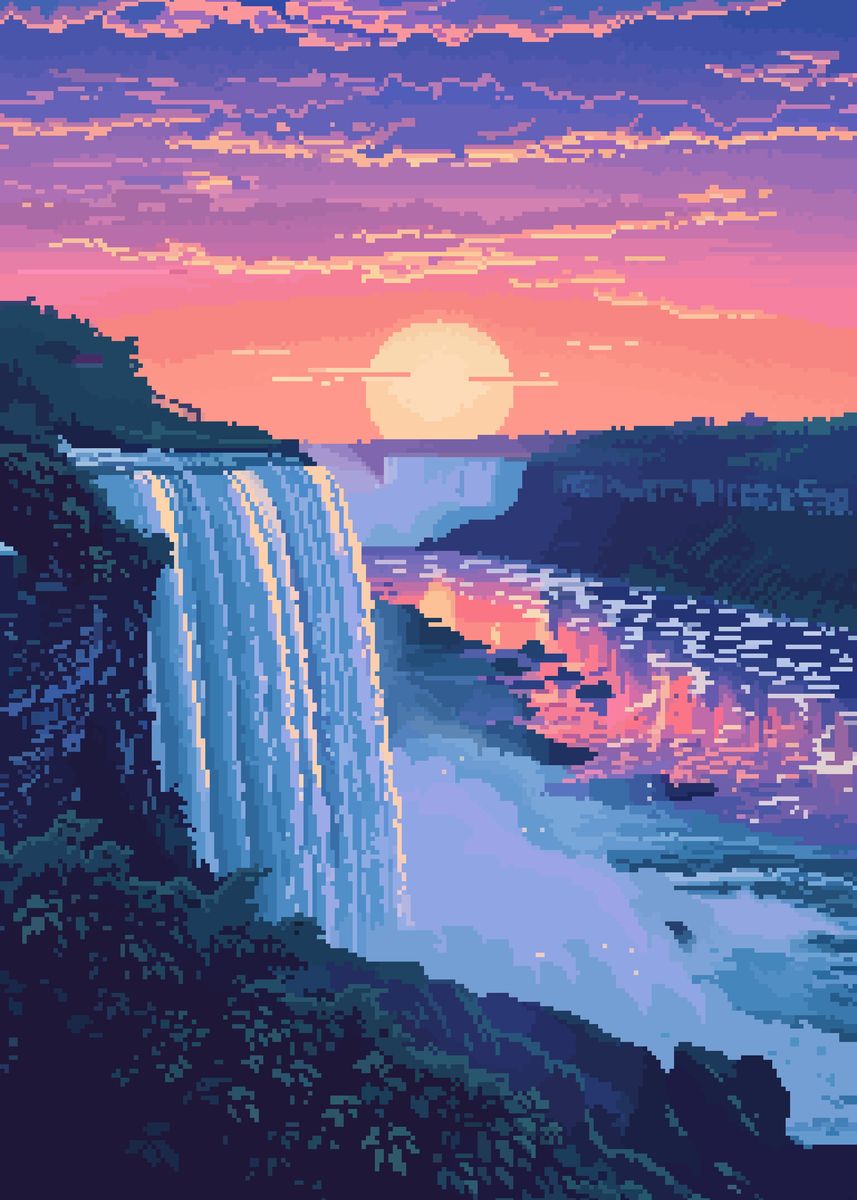 'Retro Waterfall Pixel Art' Poster, picture, metal print, paint by ...