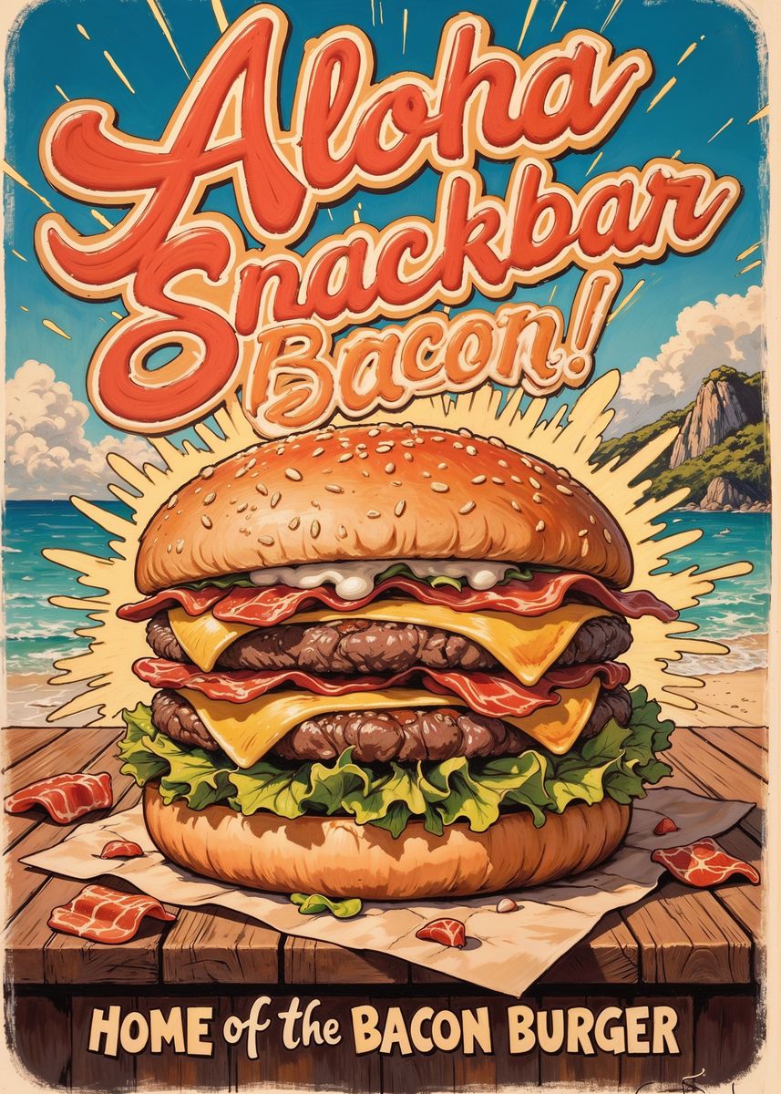 'Aloha Snack Bar Bacon Burger' Poster, picture, metal print, paint by ...
