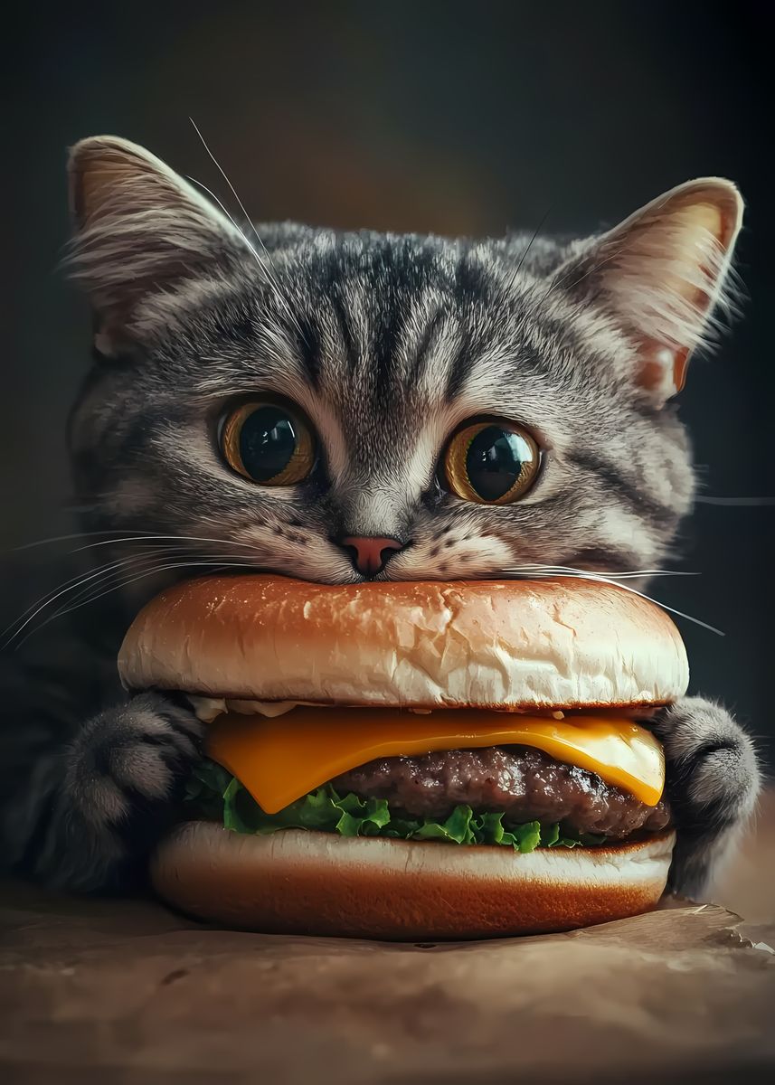 'Cat Eating Burger' Poster, picture, metal print, paint by Autophil ...