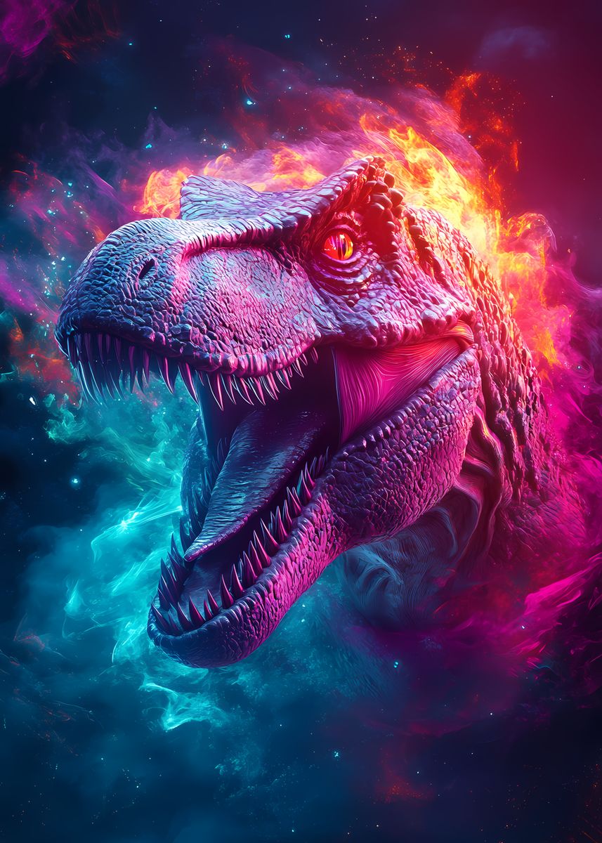 'Fiery T-Rex in Space' Poster, picture, metal print, paint by Aurora ...