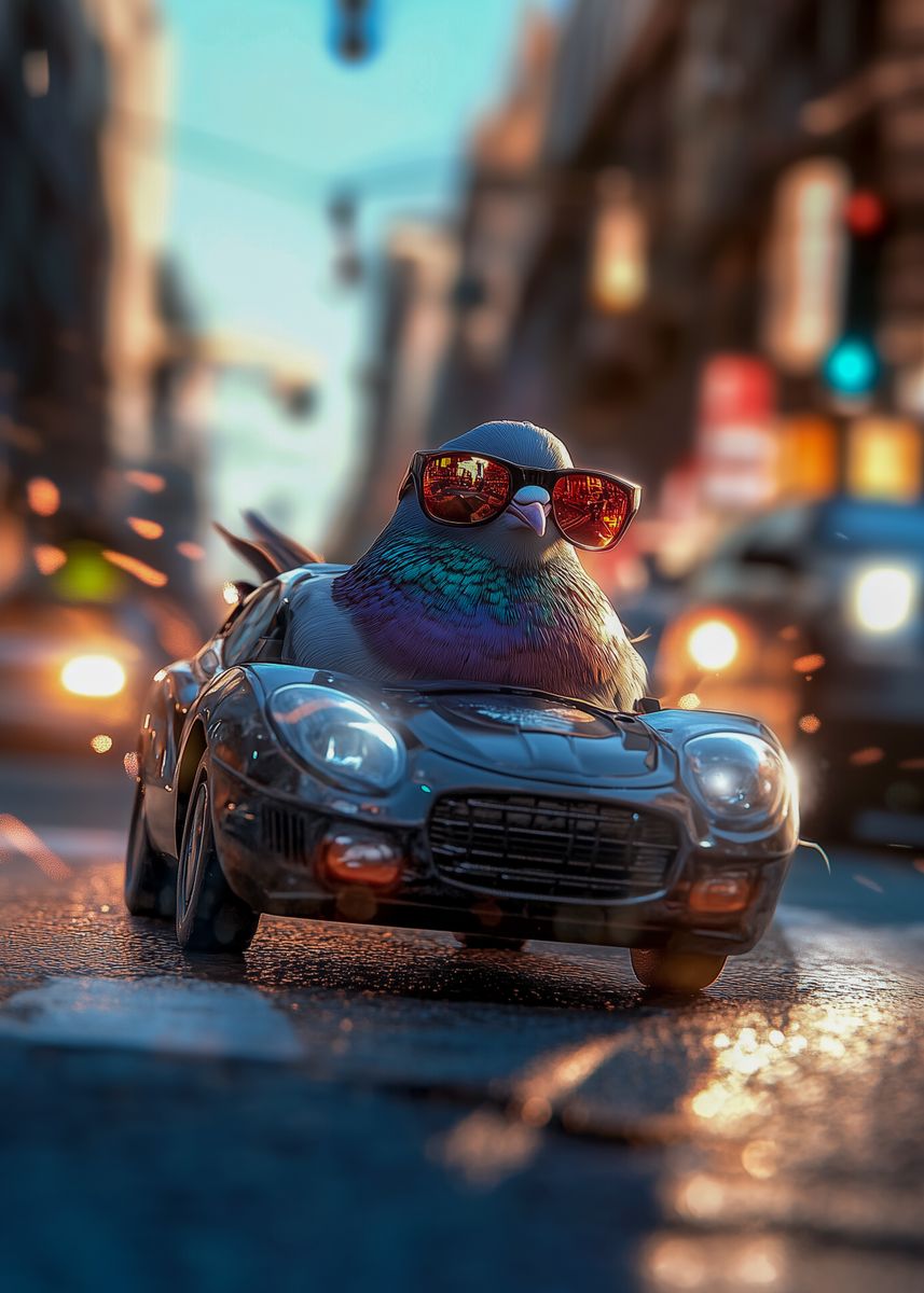 'Pigeon in a Sports Car' Poster, picture, metal print, paint by ...