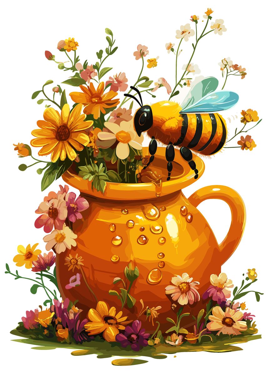 'Honey Pot with Bee' Poster, picture, metal print, paint by pixelbull ...
