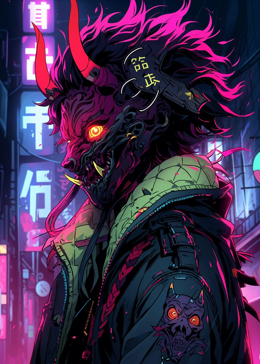 'Cyberpunk Oni' Poster, picture, metal print, paint by SuperNova | Displate