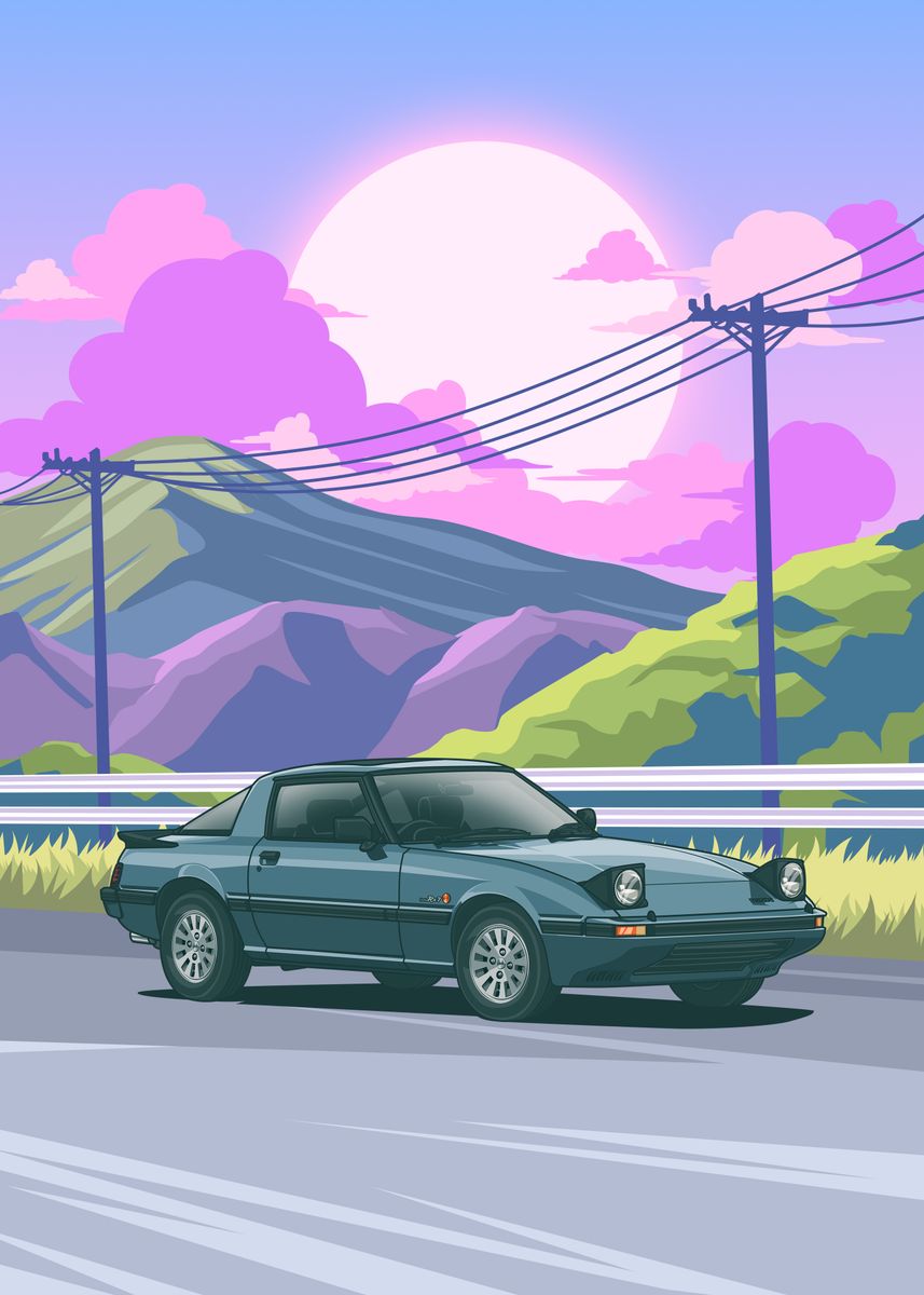 'Mazda RX-7 Sunset Drive' Poster, picture, metal print, paint by ...