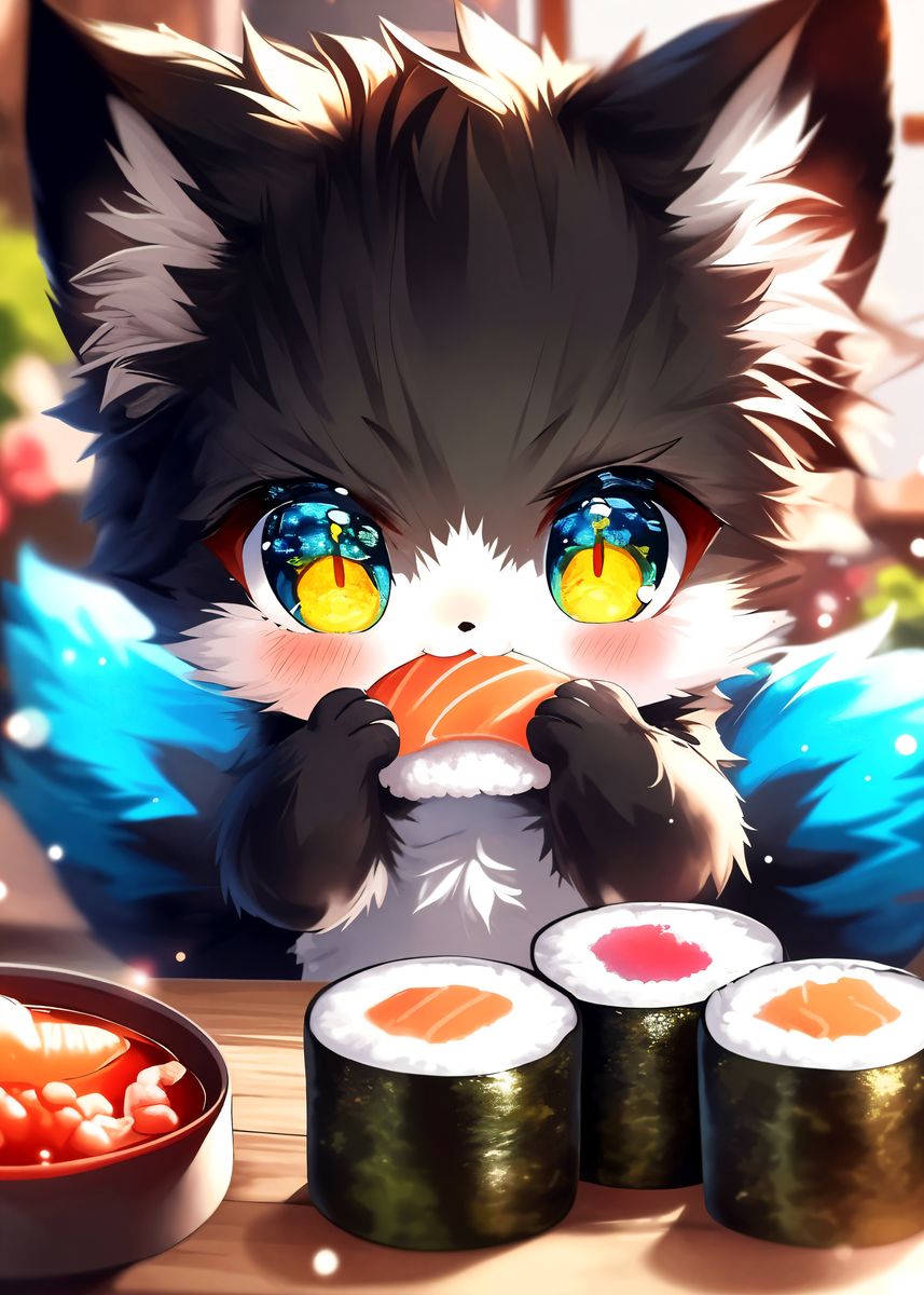 'Cute Furry Eating Sushi' Poster, picture, metal print, paint by ...