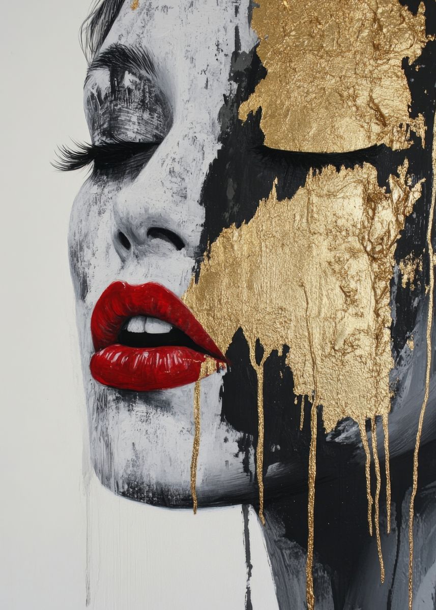 'Gold and Red Abstract Portrait' Poster, picture, metal print, paint by ...
