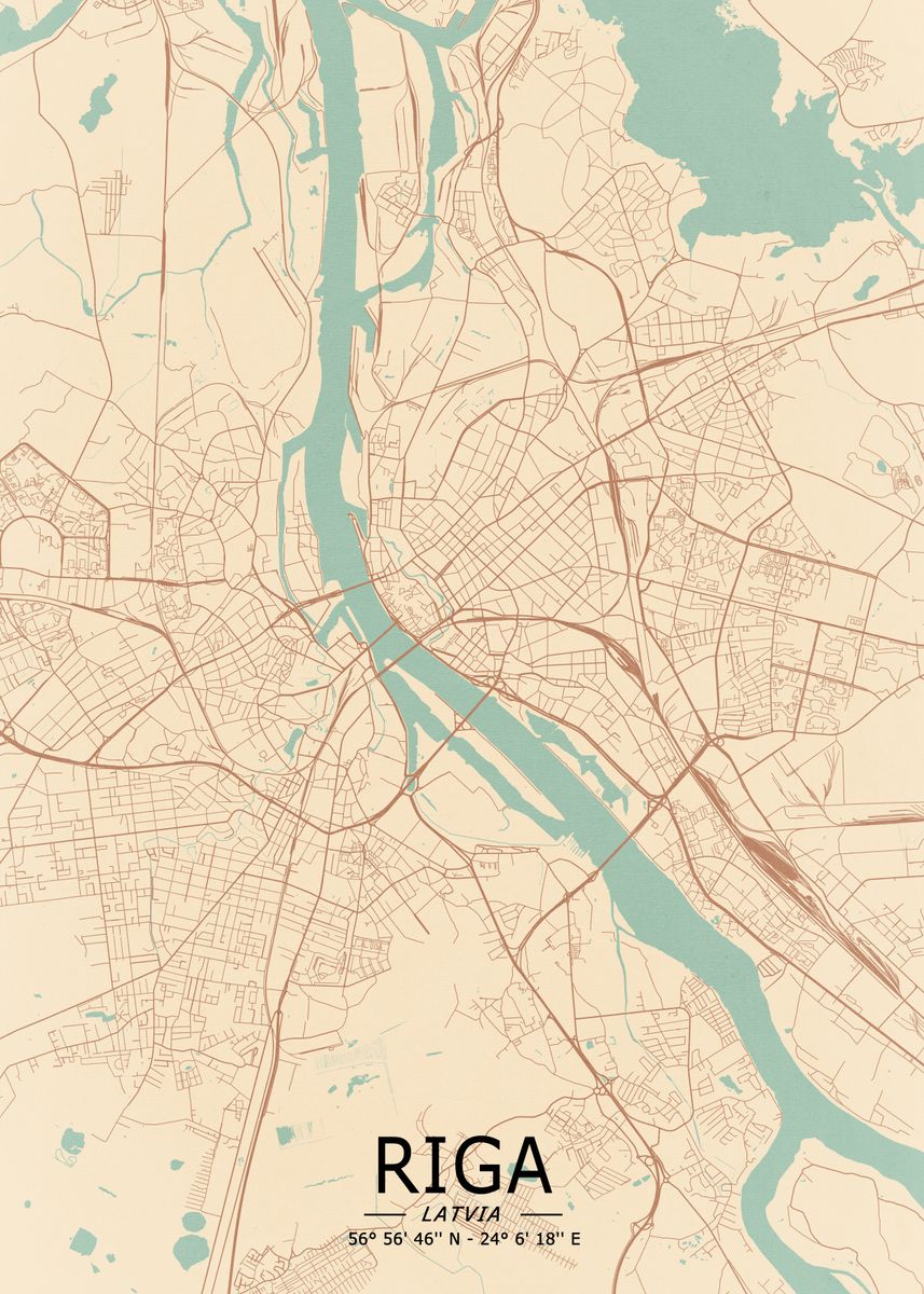 'Riga Vintage City Map' Poster, picture, metal print, paint by ...