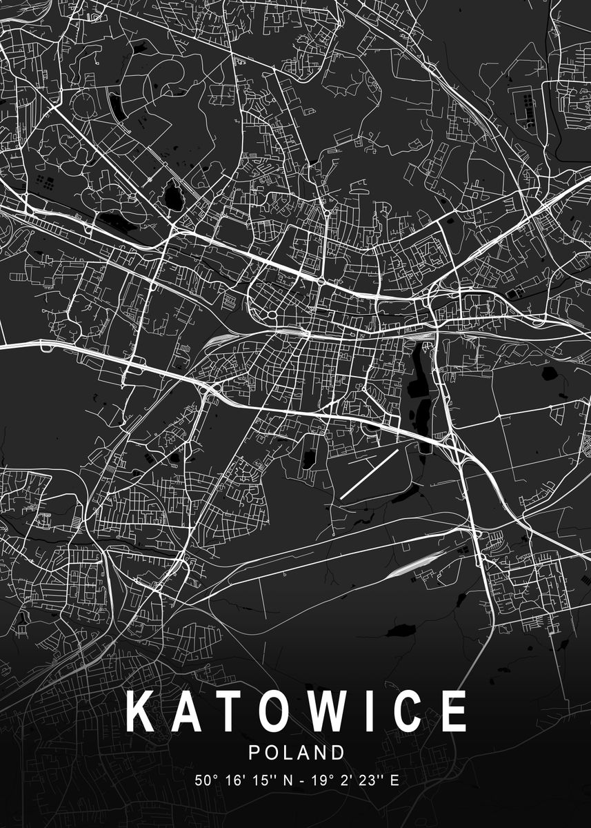 'Katowice Dark City Map' Poster, picture, metal print, paint by ...