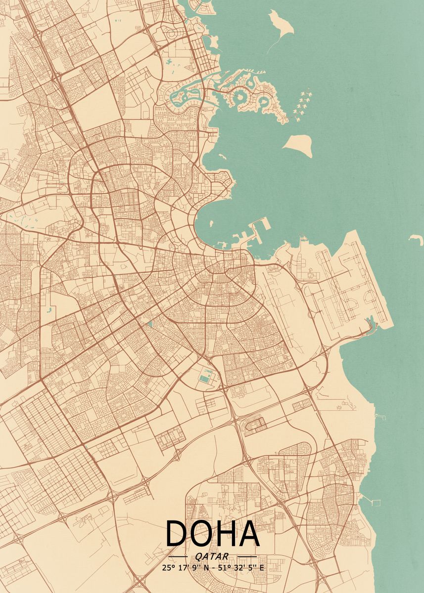 'Doha Vintage City Map' Poster, picture, metal print, paint by ...