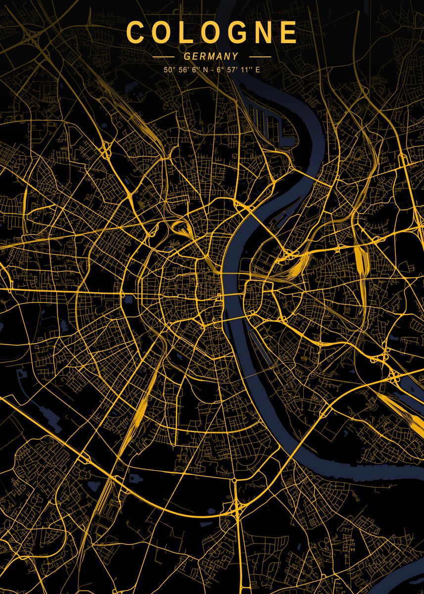 'Cologne Golden City Map' Poster, picture, metal print, paint by ...