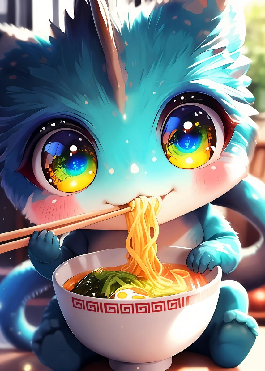 'Cute Dragon Eating Ramen' Poster, picture, metal print, paint by ...