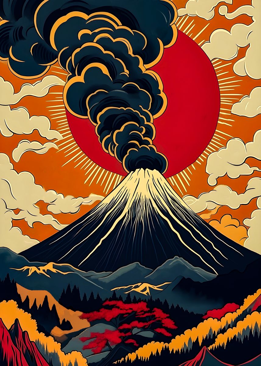 'Mount Fuji Eruption' Poster, picture, metal print, paint by Pop art ...