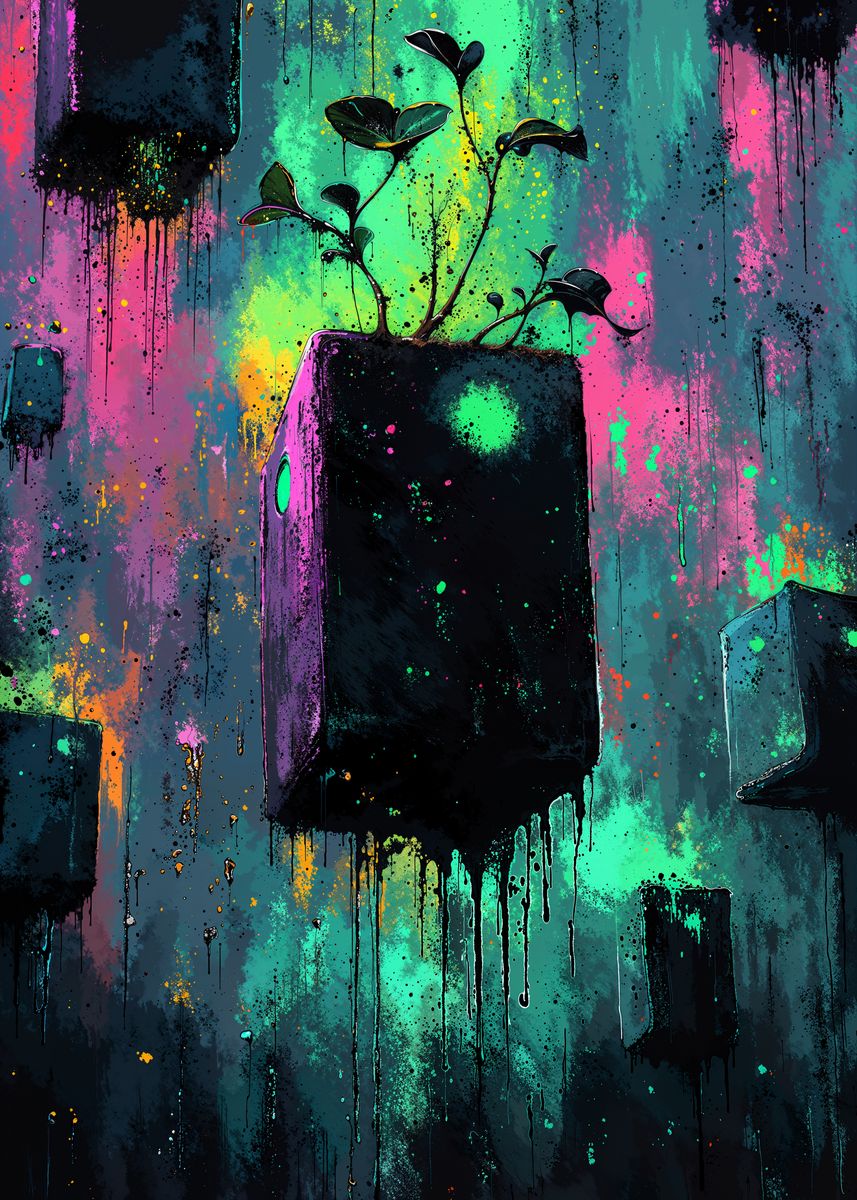 'Suspended Growth – Neon Eden' Poster, picture, metal print, paint by M ...